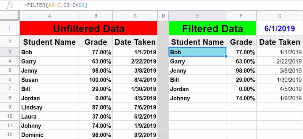 Using the FILTER function in Google Sheets (Single or multiple conditions)
