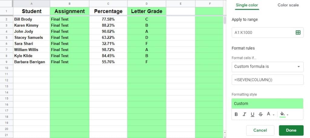 Alternating column color in Google Sheets with conditional formatting custom formula ...