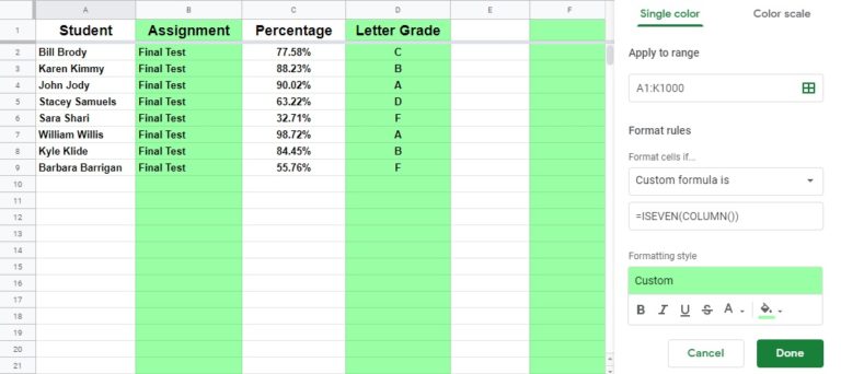 How to color cells, and alternate row colors in Google Sheets