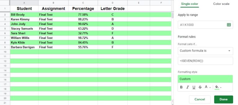 How to color cells, and alternate row colors in Google Sheets