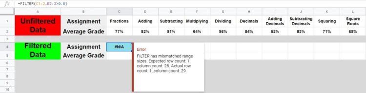 How to fix the “FILTER has mismatched range sizes” error in Google Sheets