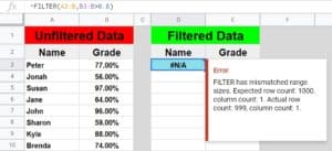 How to fix the “FILTER has mismatched range sizes” error in Google Sheets