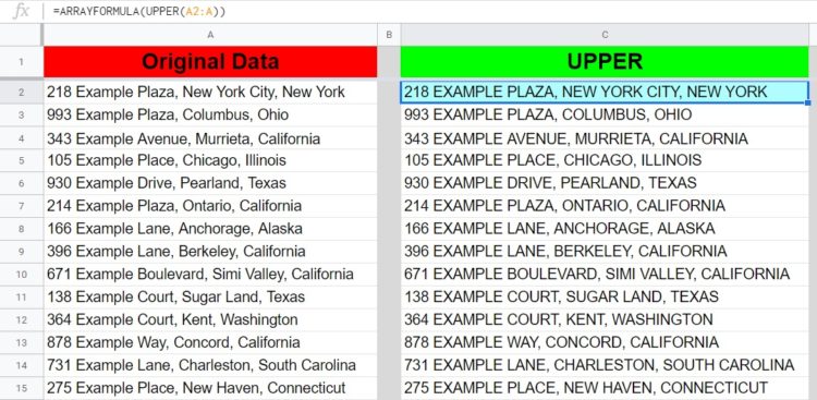 How to capitalize all letters in Google Sheets with the UPPER function