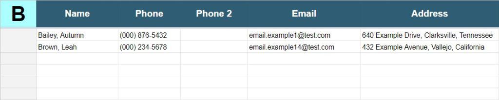 Contact list template for Google Sheets with built in search