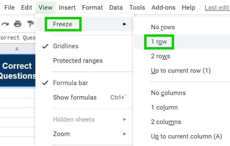 Example showing how to freeze rows and columns in Google Sheets ...