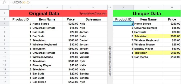 Using the UNIQUE function to remove duplicates in Google Sheets