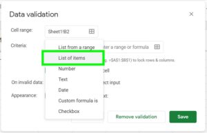 Changing the Google Sheets data validation criteria, from list from a range, to list of items ...