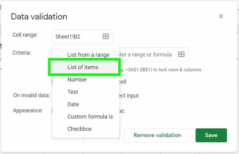 Changing the Google Sheets data validation criteria, from list from a range, to list of items ...