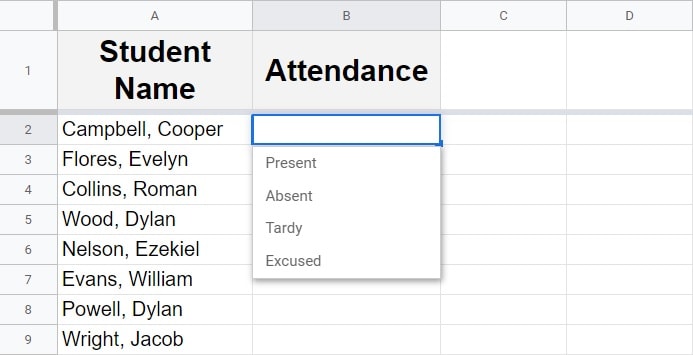 Example after drop down was created in another tab in Google Sheets | Spreadsheet Class