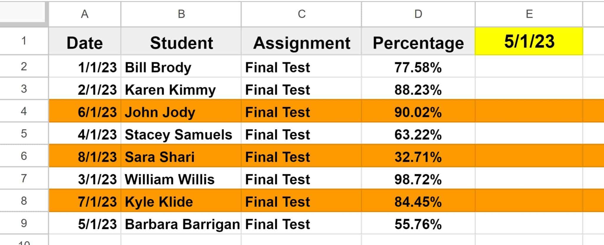 Highlight row based on cell values in Google Sheets