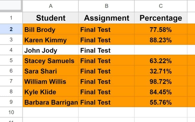 Highlight row based on cell values in Google Sheets