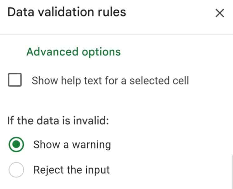 Show warning setting in the data validation menu in Google Sheets, for the option on invalid ...
