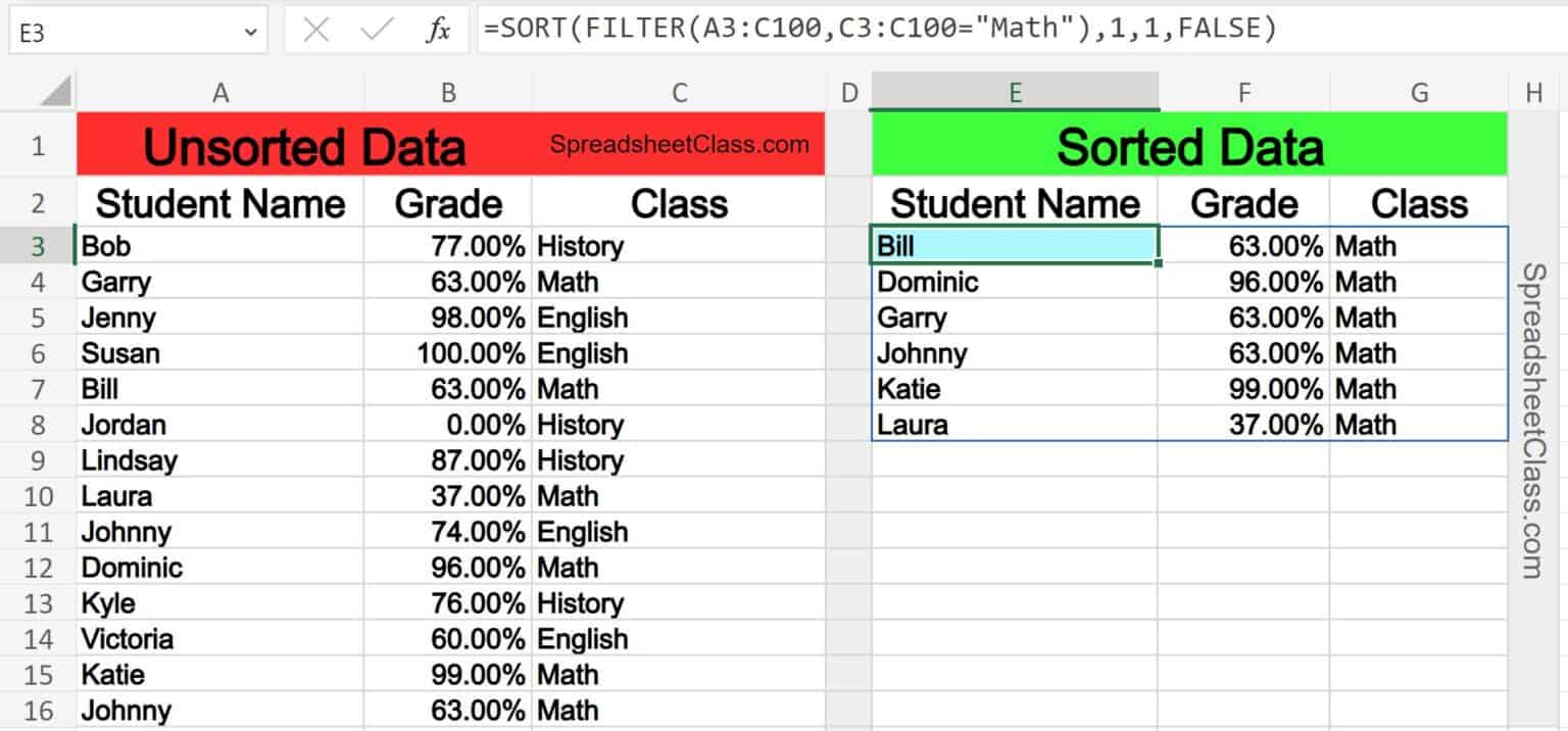 Using the SORT and FILTER functions together in Excel