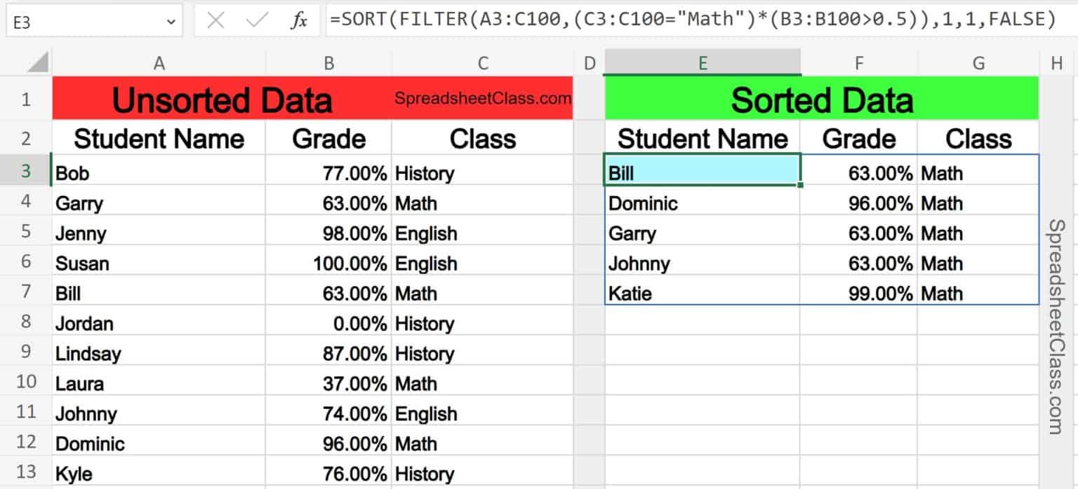 Using the SORT and FILTER functions together in Excel