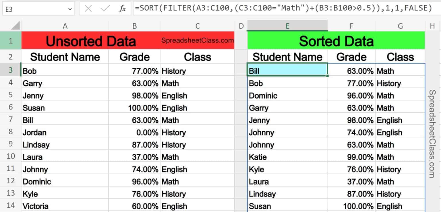 Using the SORT and FILTER functions together in Excel