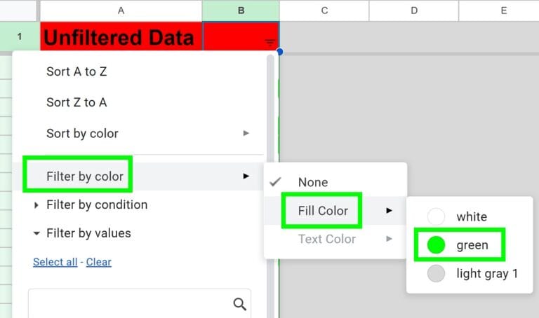 Basic example how to filter by fill color in Google SHeets in the filter by color menu ...