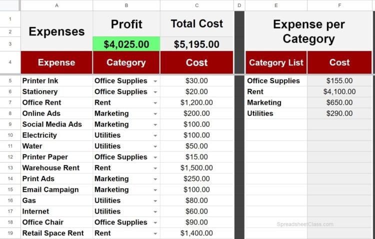 Sales template (+expenses) for Google Sheets