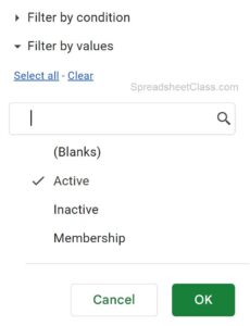 Google Sheets filter menu after choosing criteria | Spreadsheet Class