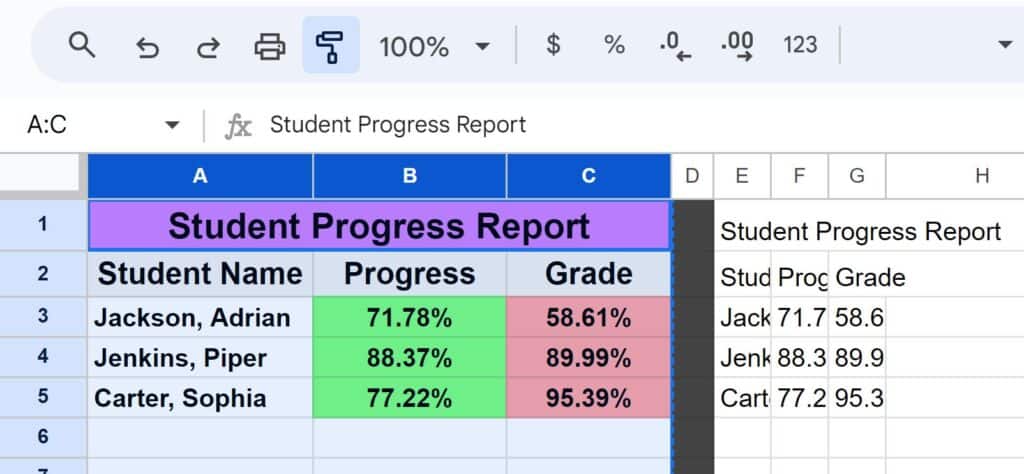 Copy / paste formatting + using paint format in Google Sheets