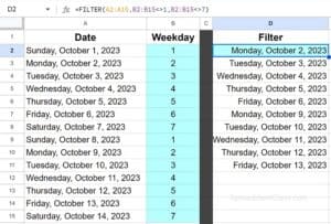 Get dates without weekends with WORKDAY & WEEKDAY in Google Sheets