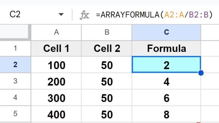 How to divide in Google Sheets (Divide numbers, cells, columns, & rows)