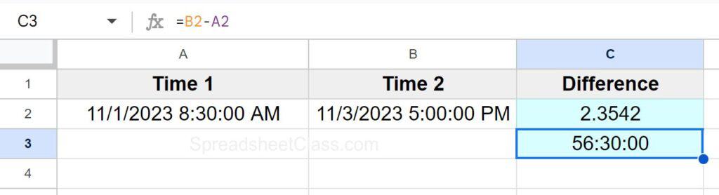 Calculate duration between times and dates (time difference) in Google ...