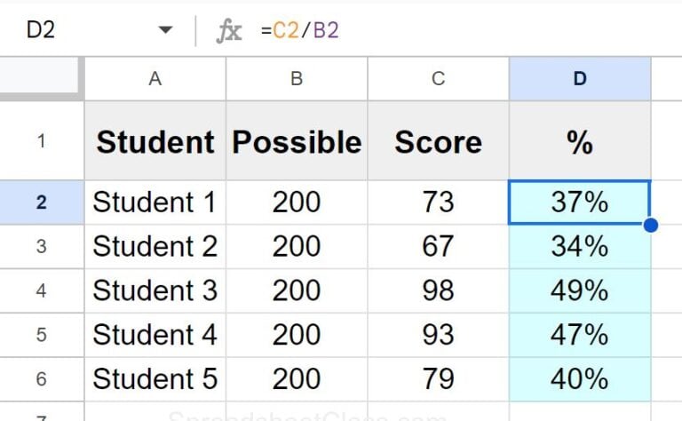 How to calculate percentage in Google Sheets