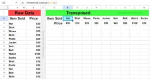 Using the UNIQUE and TRANSPOSE functions together in Google Sheets