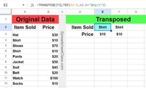 TRANSPOSE FILTER nested formula example transposing filtered data from columns to rows in Google ...