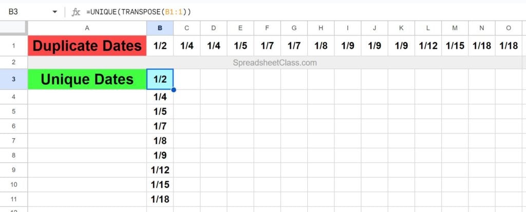Using Transpose And Unique Functions To Remove Duplicates From Dates And Convert From Row To