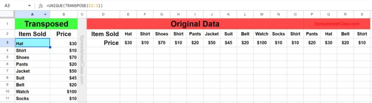 Using the UNIQUE and TRANSPOSE functions together in Google Sheets