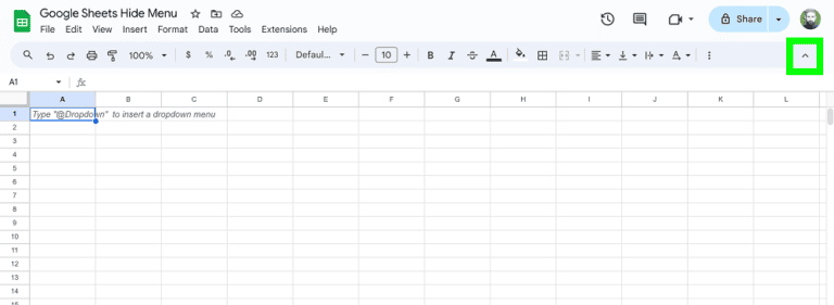 Hide or show the toolbar menu in Google Sheets